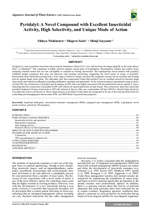 Pyridalyl: A Novel Compound with Excellent Insecticidal Activity, High ...