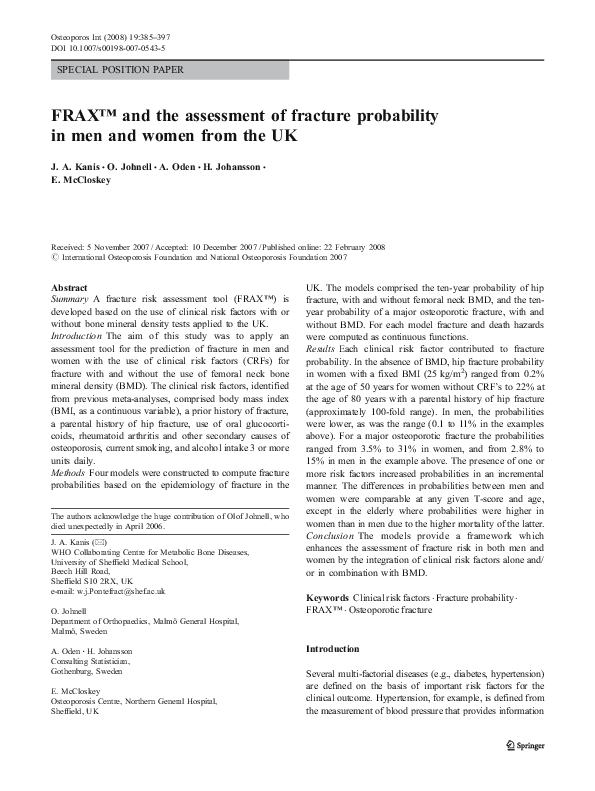 (PDF) FRAX™ and the assessment of fracture probability in men and women ...