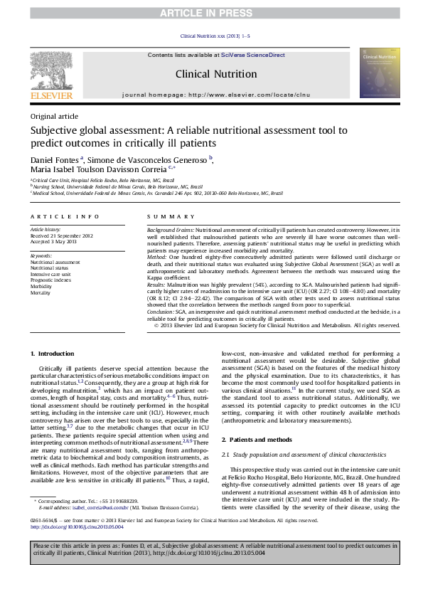 (PDF) Subjective global assessment: A reliable nutritional assessment ...