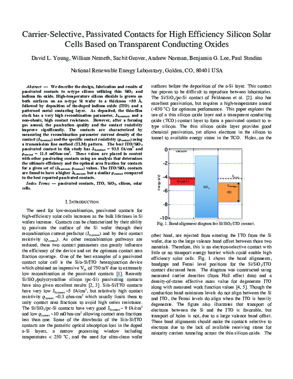 (PDF) Carrier-selective, passivated contacts for high efficiency silicon solar cells based on ...