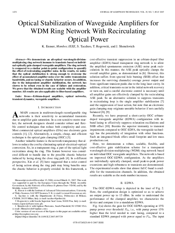 (PDF) Optical stabilization of waveguide amplifiers for WDM ring network with recirculating ...