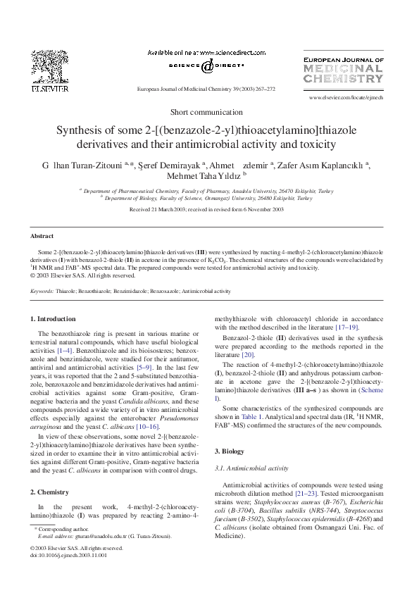 (PDF) Synthesis of some 2-[(benzazole-2-yl)thioacetylamino]thiazole derivatives and their ...