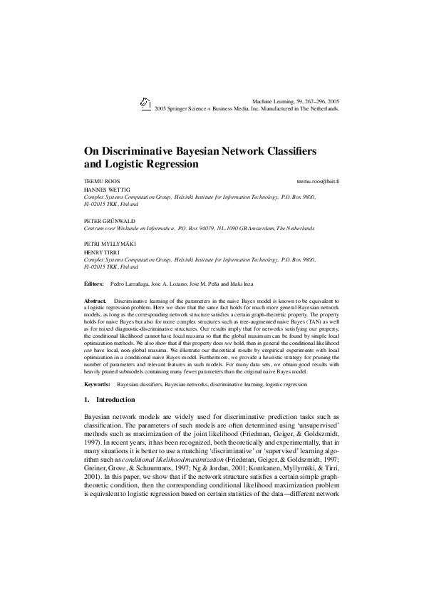 Pdf On Discriminative Bayesian Network Classifiers And Logistic Regression