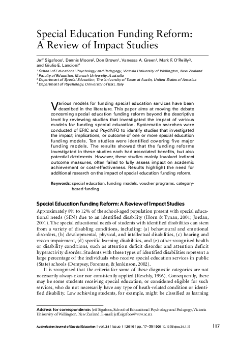 (PDF) Special Education Funding Reform: A Review of Impact Studies