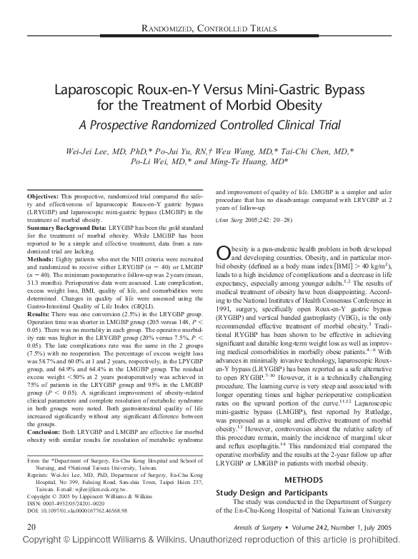 (PDF) Laparoscopic Roux-en-Y Versus Mini-Gastric Bypass for the Treatment of Morbid Obesity