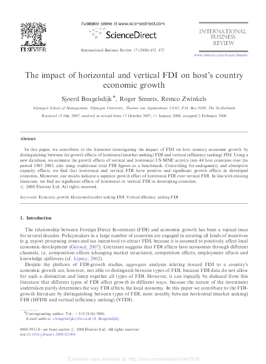 (PDF) The impact of horizontal and vertical FDI on host's country ...