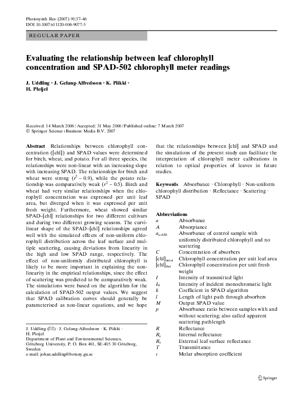 (PDF) Evaluating the relationship between leaf chlorophyll ...