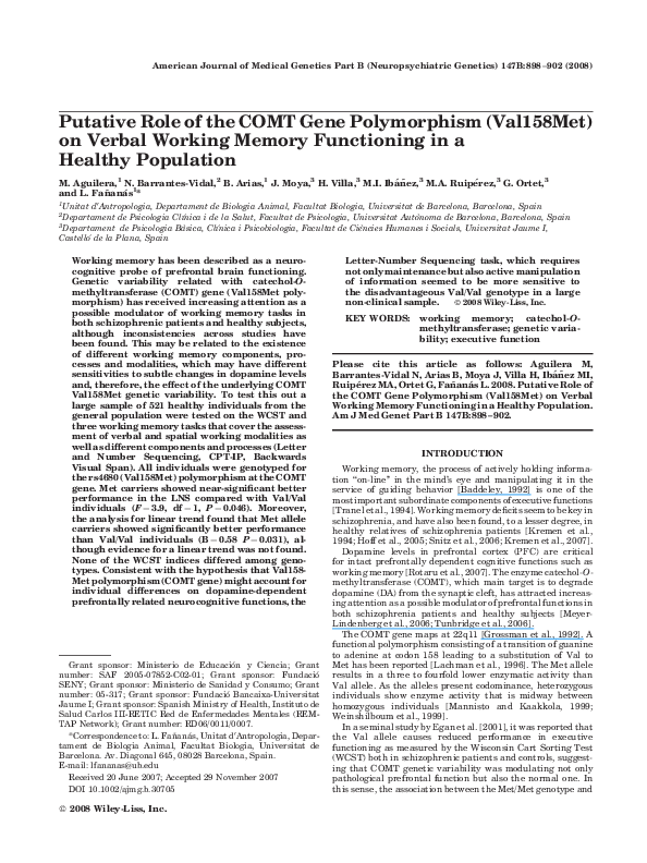 (PDF) Putative role of the COMT gene polymorphism (Val158Met) on verbal ...