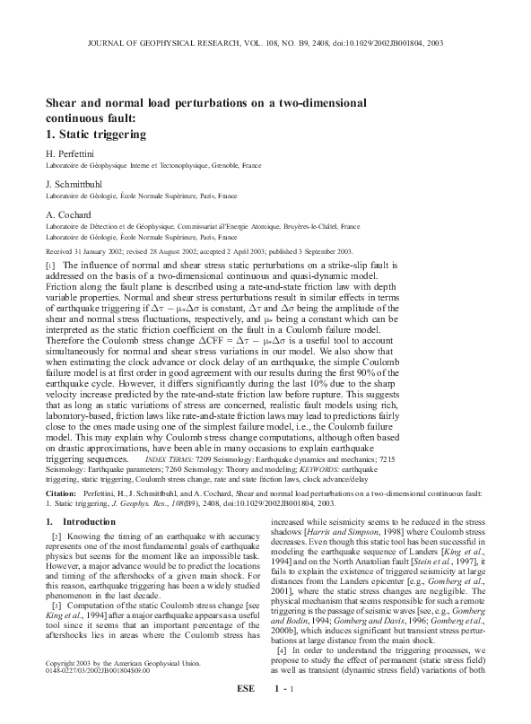 Shear And Normal Load Perturbations On A Two Dimensional Continuous Fault 1 Static Triggering