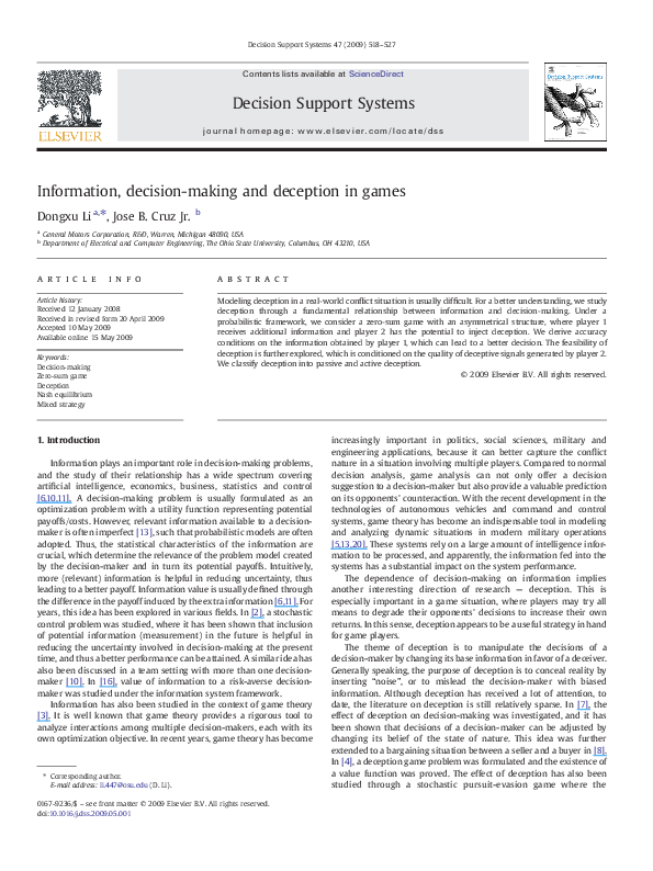 (PDF) Information, decision-making and deception in games