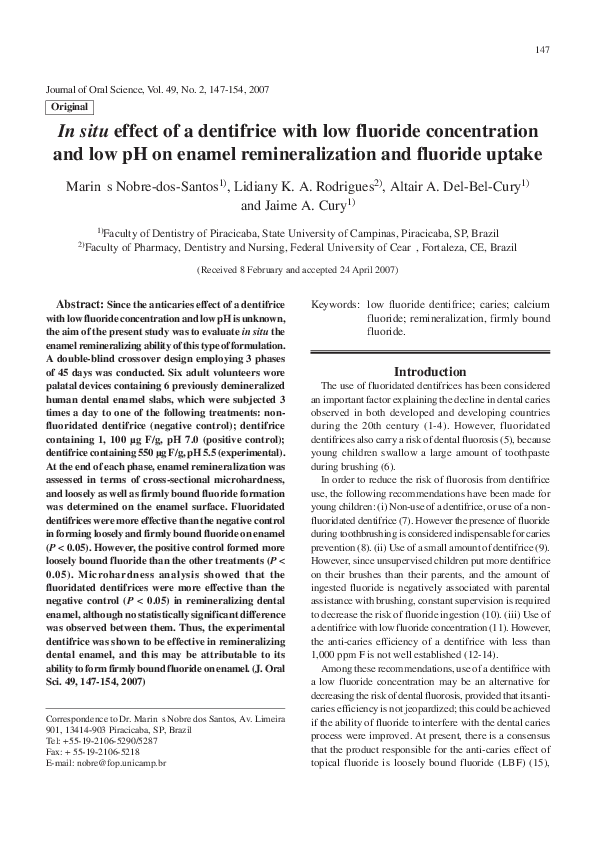 Pdf In Situ Effect Of A Dentifrice With Low Fluoride Concentration