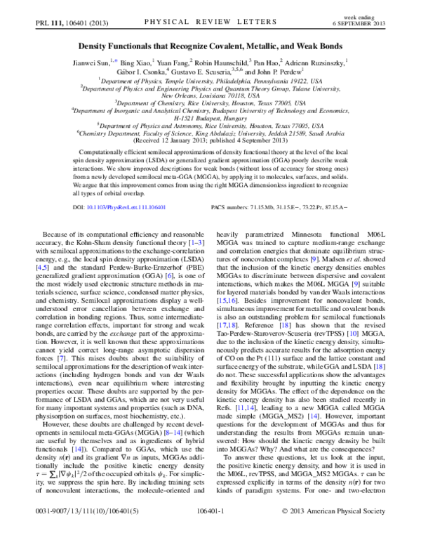 (PDF) Density functionals that recognize covalent, metallic, and weak bonds