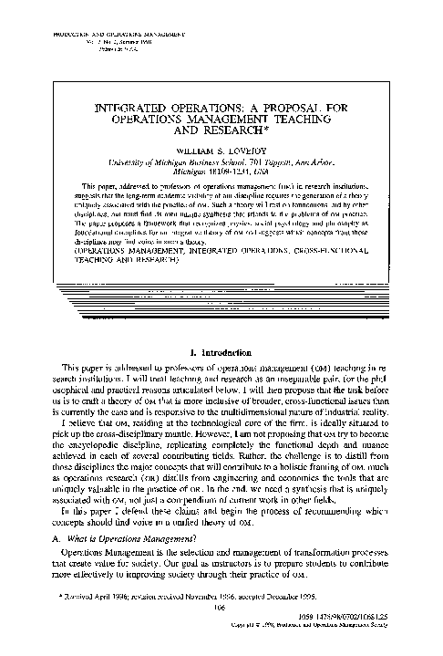 (PDF) INTEGRATED OPERATIONS: A PROPOSAL FOR OPERATIONS MANAGEMENT TEACHING AND RESEARCH﻿