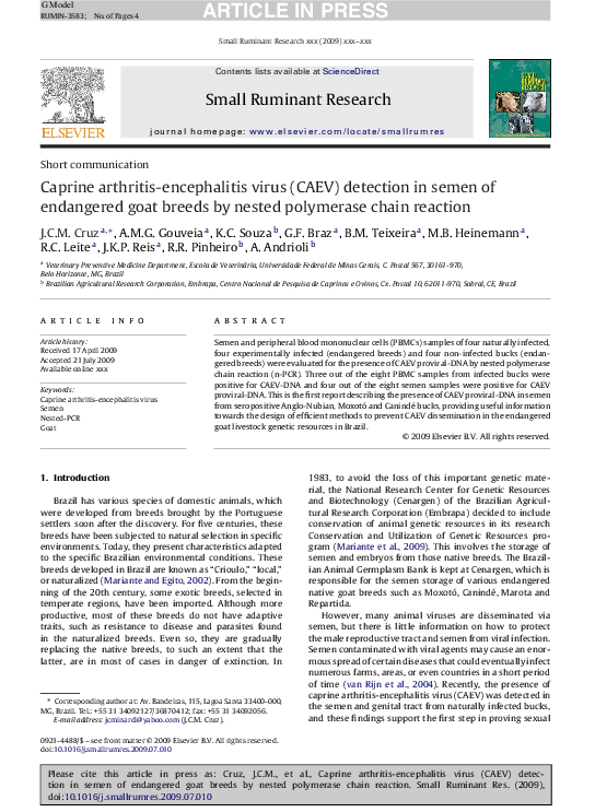 (PDF) Caprine arthritis-encephalitis virus (CAEV) detection in semen of ...