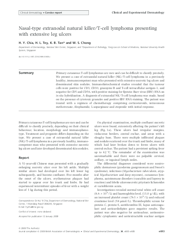 (PDF) Nasal-type extranodal natural killer/T-cell lymphoma presenting with extensive leg ulcers