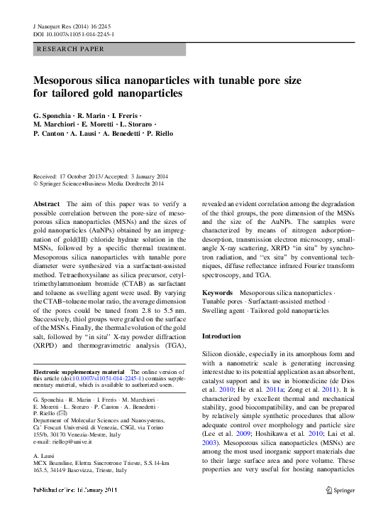 (PDF) Mesoporous silica nanoparticles with tunable pore size for ...
