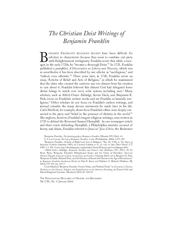 (PDF) The Christian Deist Writings of Benjamin Franklin