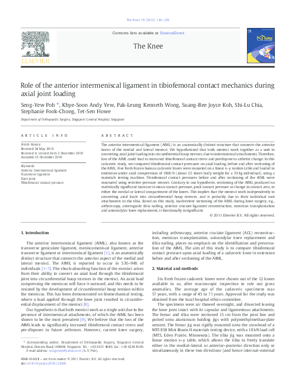 (PDF) Role of the anterior intermeniscal ligament in tibiofemoral ...