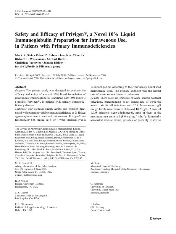 (PDF) Safety and Efficacy of Privigen®, a Novel 10% Liquid ...