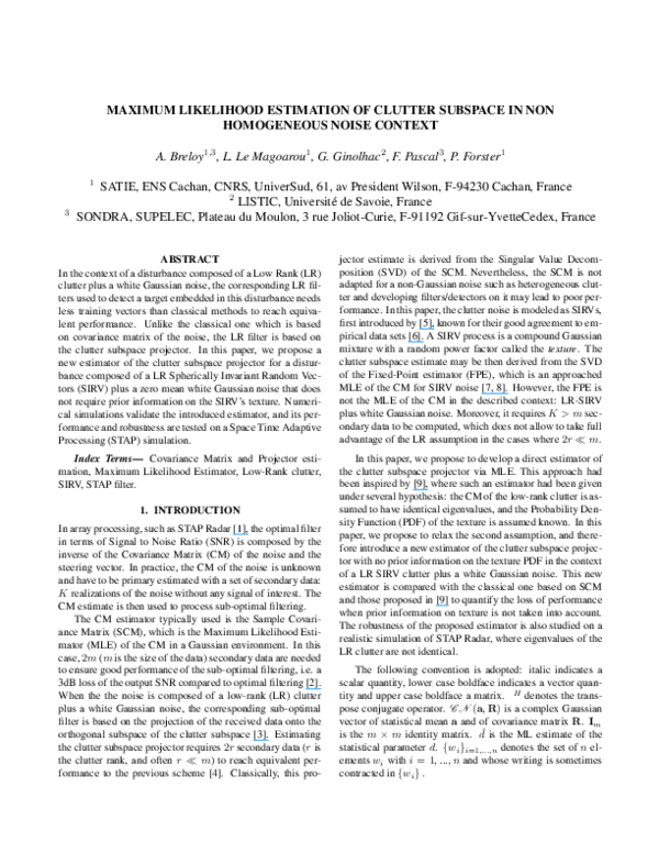 Pdf Maximum Likelihood Estimation Of Clutter Subspace In Non Homogeneous Noise Context