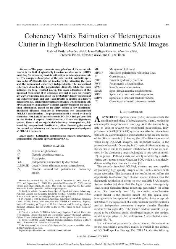 Pdf Coherency Matrix Estimation Of Heterogeneous Clutter In High Resolution Polarimetric Sar