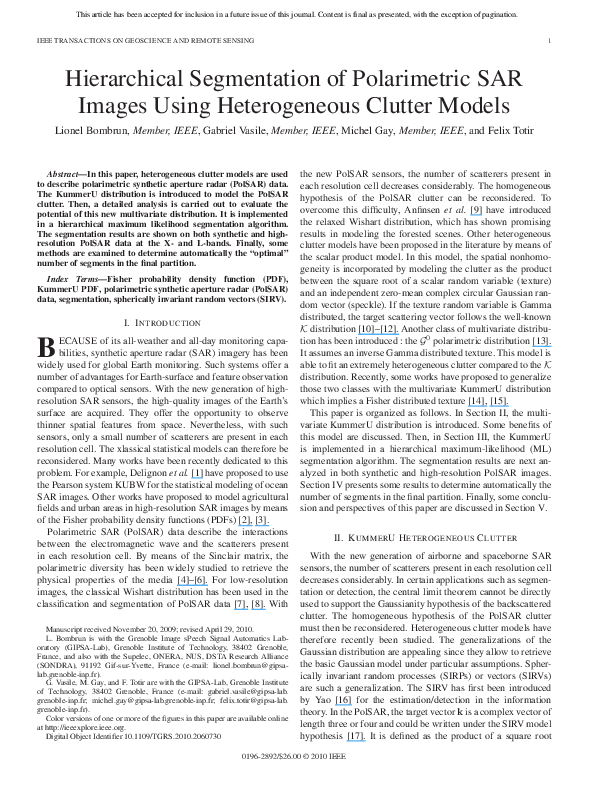 (PDF) Hierarchical Segmentation of Polarimetric SAR Images Using Heterogeneous Clutter Models