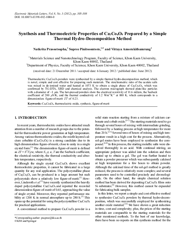 (PDF) Synthesis and thermoelectric properties of Ca3Co4O9 prepared by a simple thermal hydro ...