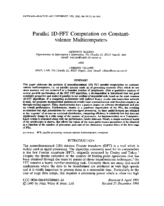 (PDF) Parallel 1D-FFT computation on constant-valence multicomputers