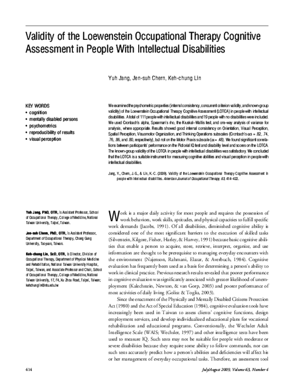(PDF) Validity of the Loewenstein Occupational Therapy Cognitive ...