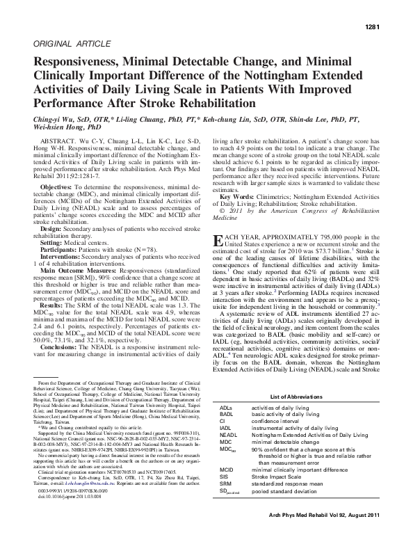 (PDF) Responsiveness, Minimal Detectable Change, and Minimal Clinically Important Difference of ...