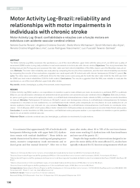 (PDF) Motor Activity Log-Brazil: reliability and relationships with ...