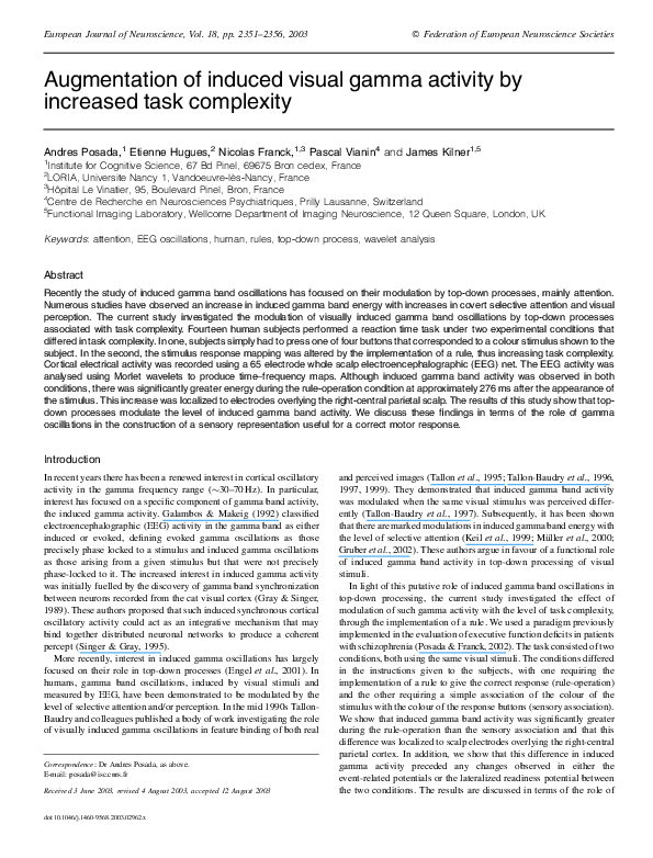 (PDF) Augmentation of induced visual gamma activity by increased task ...