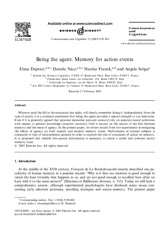 (PDF) Being the agent: Memory for action events