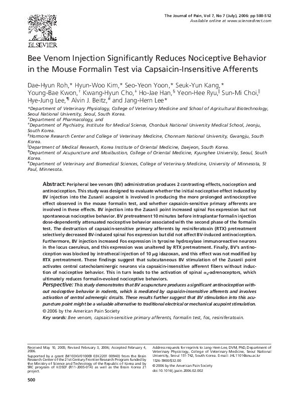 (PDF) Bee Venom Injection Significantly Reduces Nociceptive Behavior in ...