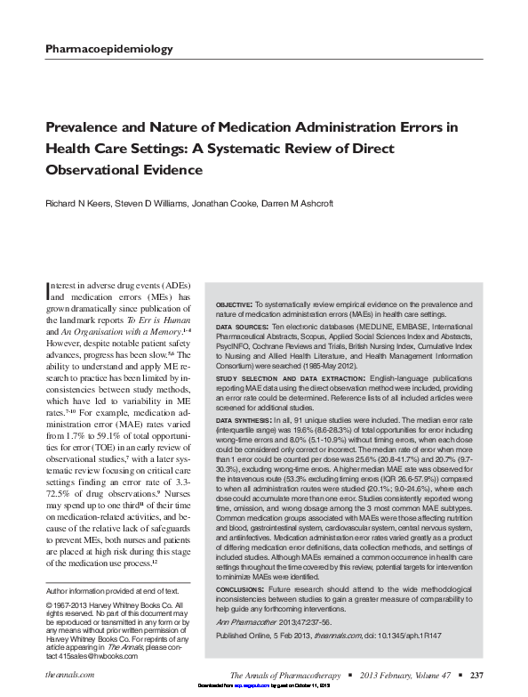 (PDF) Prevalence and nature of medication administration errors in health care settings: a ...