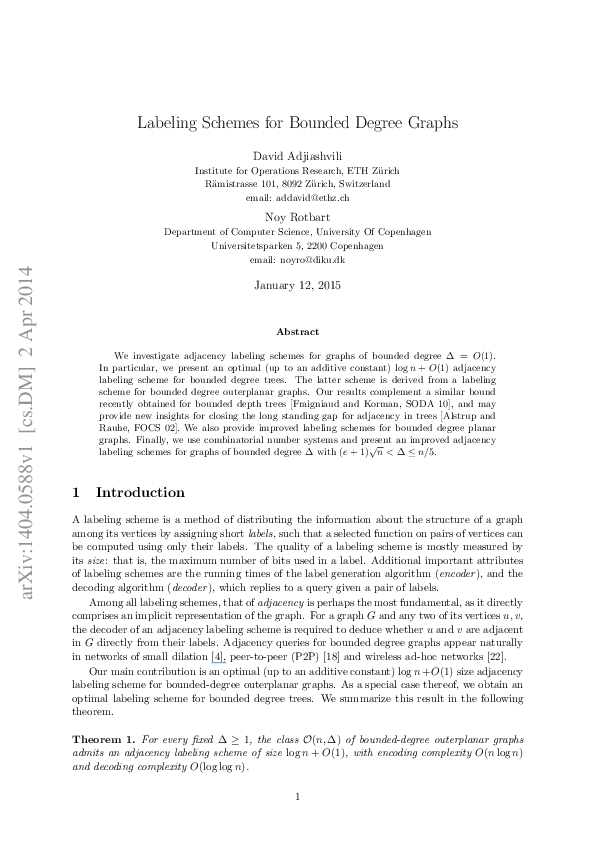 (PDF) Labeling Schemes for Bounded Degree Graphs | Noy Rotbart and David Adjiashvili - Academia.edu