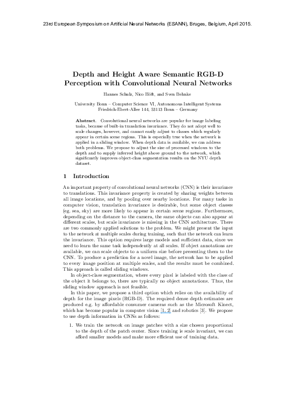 Pdf Depth And Height Aware Semantic Rgb D Perception With Convolutional Neural Networks