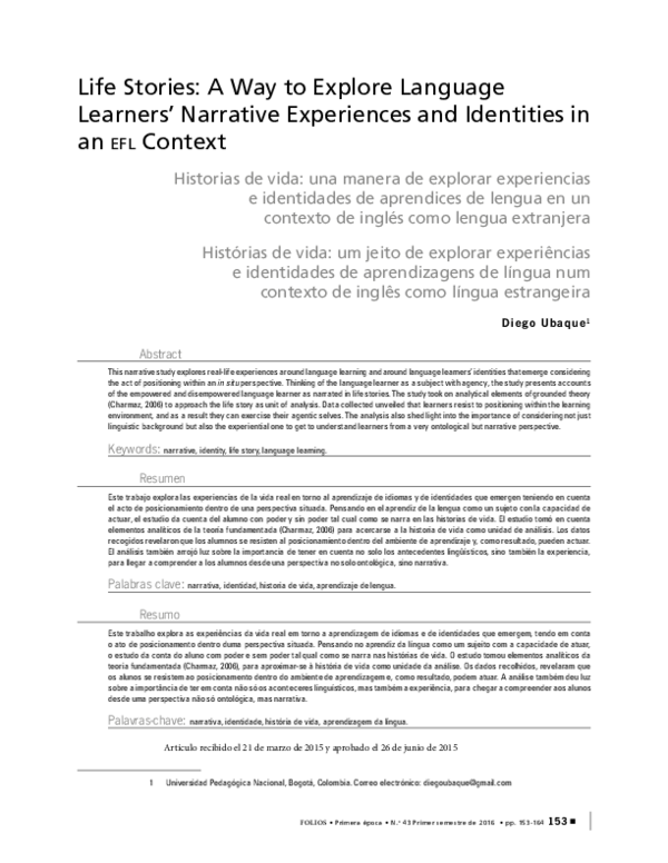 (PDF) Life Stories: A Way to Explore Language Learners' Narrative ...