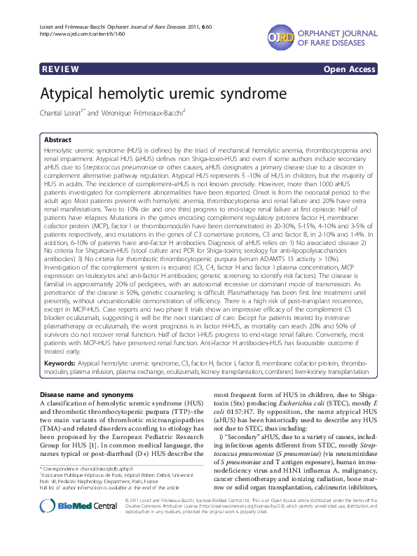 (PDF) Atypical hemolytic uremic syndrome