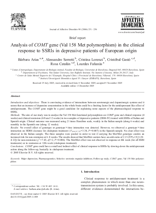 (PDF) Analysis of COMT gene (Val 158 Met polymorphism) in the clinical response to SSRIs in ...