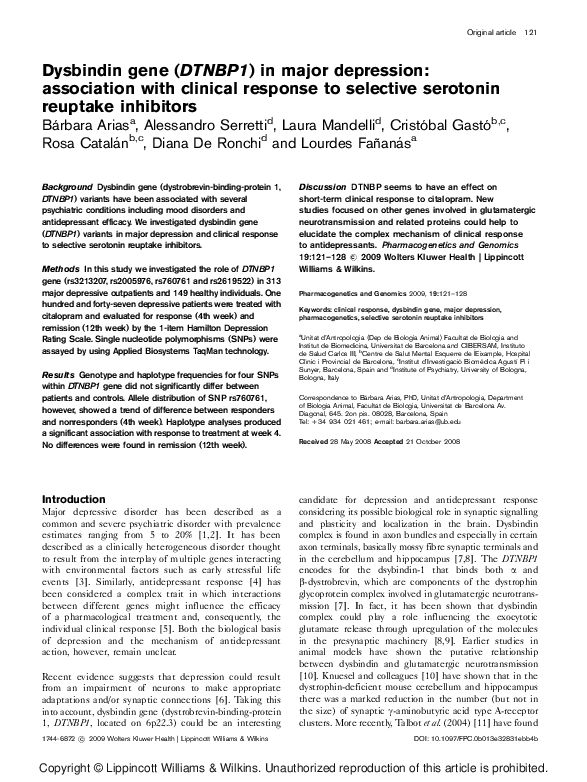 (PDF) Dysbindin gene (DTNBP1) in major depression: association with ...