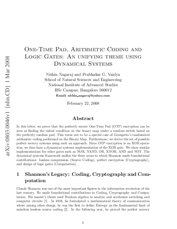 Pdf One Time Pad Arithmetic Coding And Logic Gates An Unifying