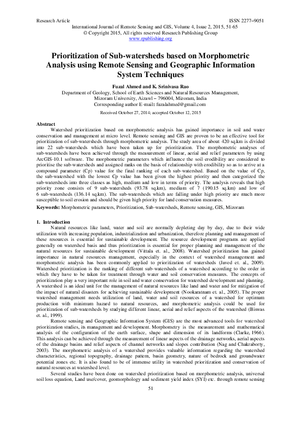 Pdf Prioritization Of Sub Watersheds Based On Morphometric Analysis Using Remote Sensing And