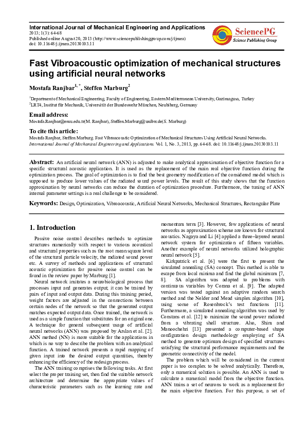 (PDF) Fast Vibroacoustic Optimization of Mechanical Structures Using Artificial Neural Networks
