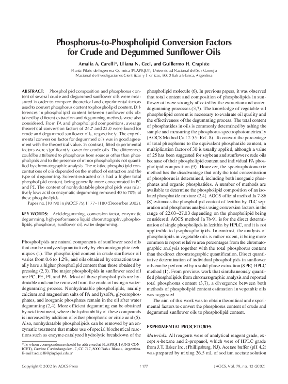 (PDF) Phosphorus-to-phospholipid conversion factors for crude and ...