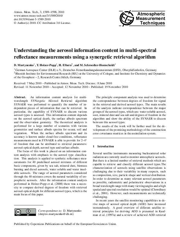 (PDF) Understanding the aerosol information content in multi-spectral reflectance measurements ...