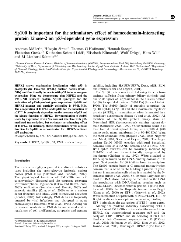 (PDF) Sp100 is important for the stimulatory effect of homeodomain ...