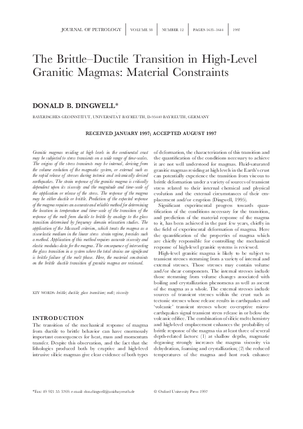 (PDF) The Brittle-Ductile Transition in High-Level Granitic Magmas: Material Constraints ...