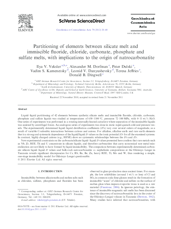 (PDF) Partitioning of elements between silicate melt and immiscible fluoride, chloride ...