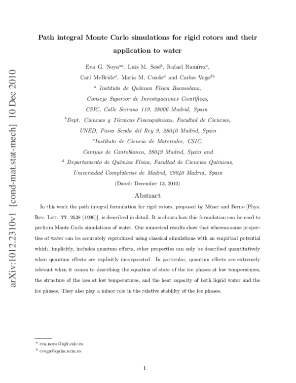 (PDF) Path integral Monte Carlo simulations for rigid rotors and their ...